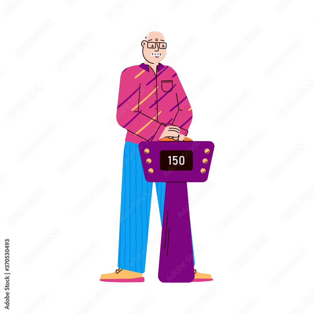Elderly man cartoon character taking part in shooting of TV quiz show ...