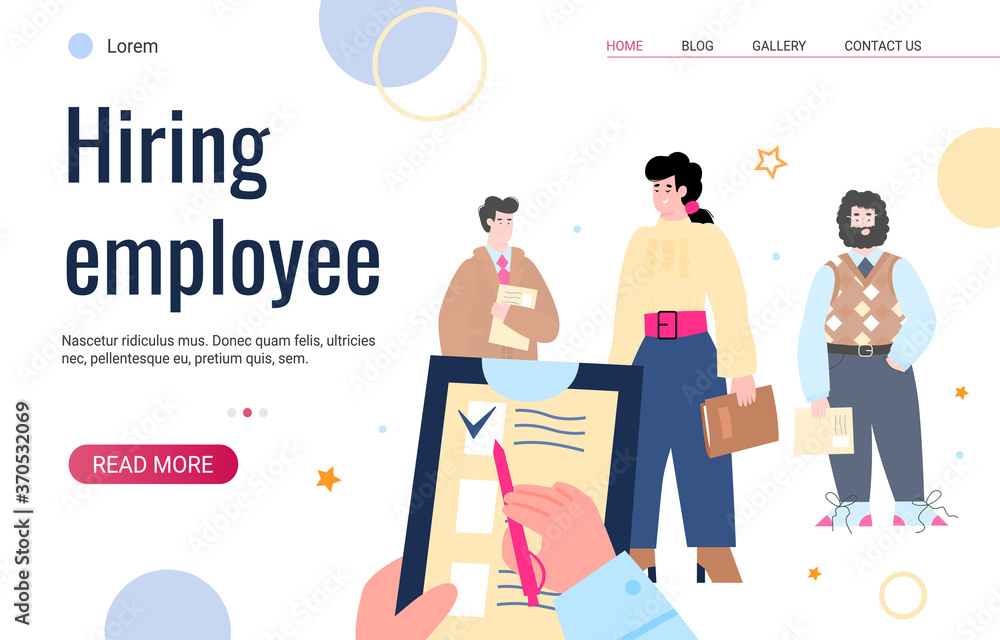 Hiring employee website page template with cartoon characters of job ...