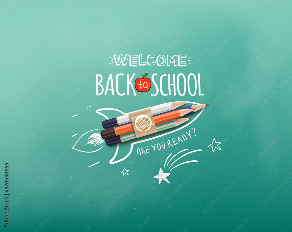 Vetor de Welcome back to school. Rocket ship launch made with colour ...