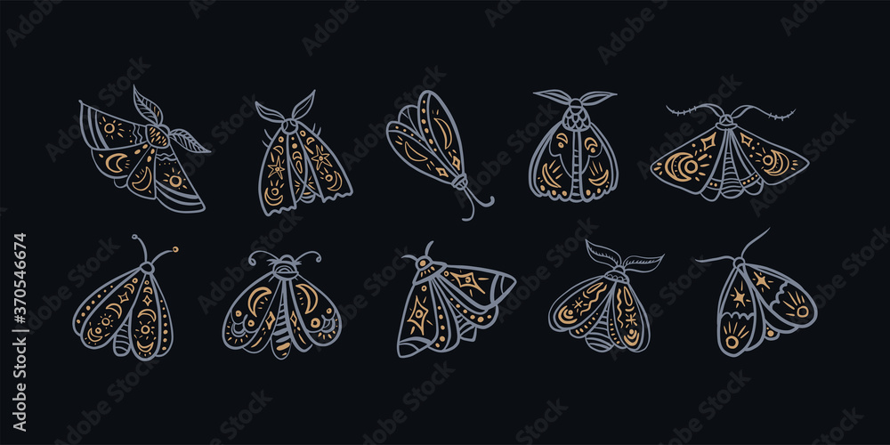 Hand drawn set of mystic moths or Butterfly. Vector magic texture. Boho ...