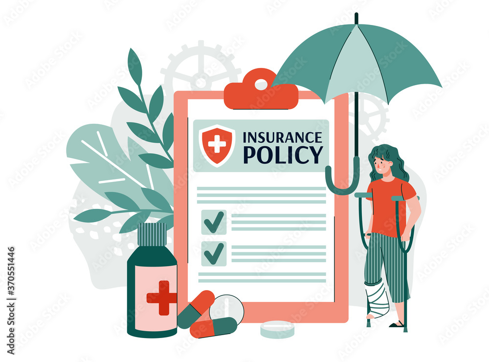 Injury insurance policy concept with injured woman cartoon character ...