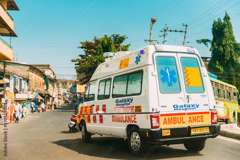 Mapusa, Goa, India. Ambulance Car Moving With Siren Emergency Ambulance ...