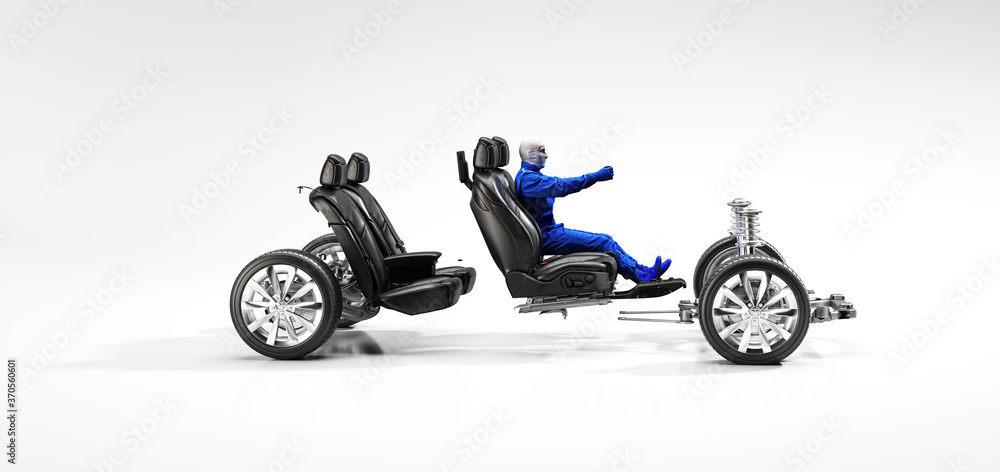 Uniformed driver drives an imaginary car without car frame, without ...