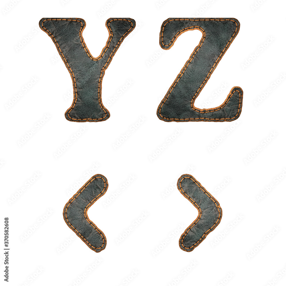 Set of leather letters Y, Z and symbol left, right angle bracket ...
