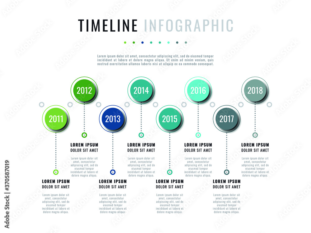 Business infographic timeline template with round realistic elements on ...