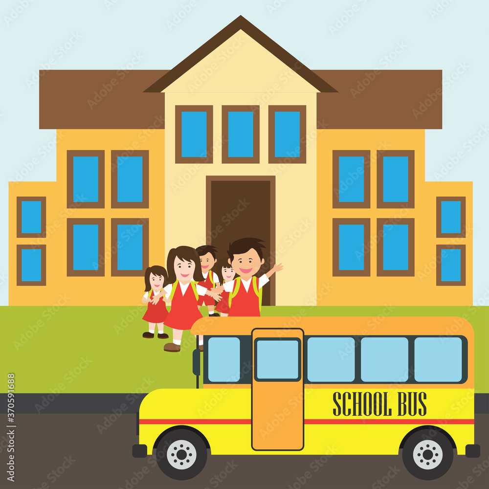 kids with uniform going to school riding yellow school bus in cartoon ...