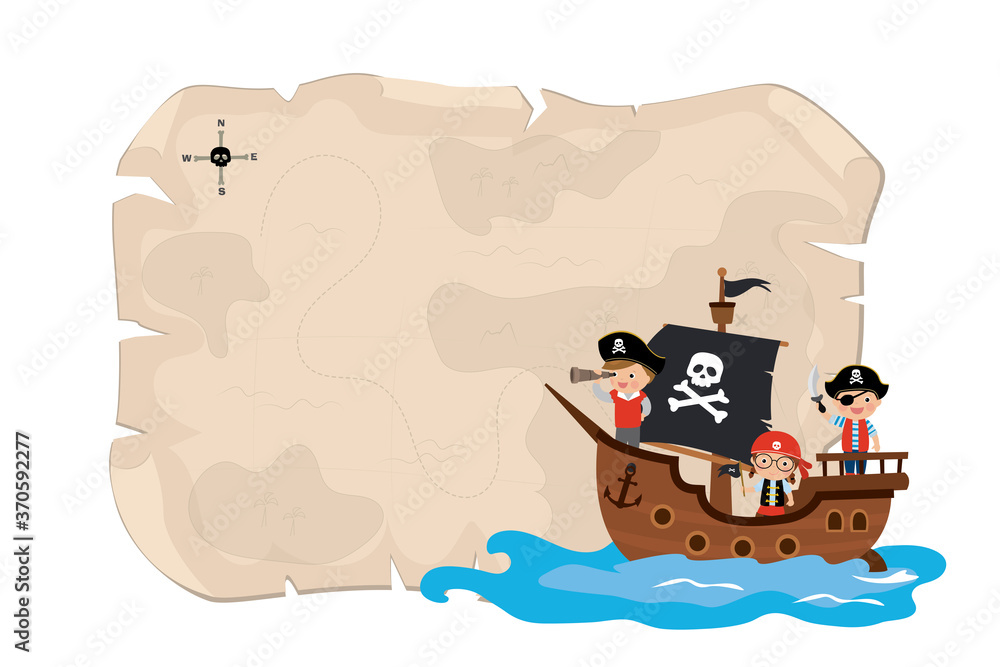 Big old map and cartoon kids playing pirate on ship. Wooden corsair ...