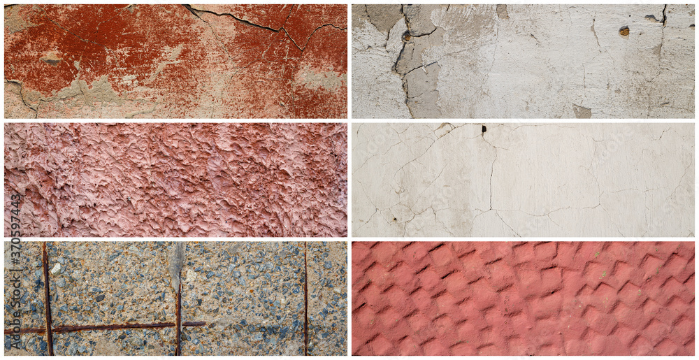 Wall texture set. Rough surfaces of the plastered and colored concrete ...
