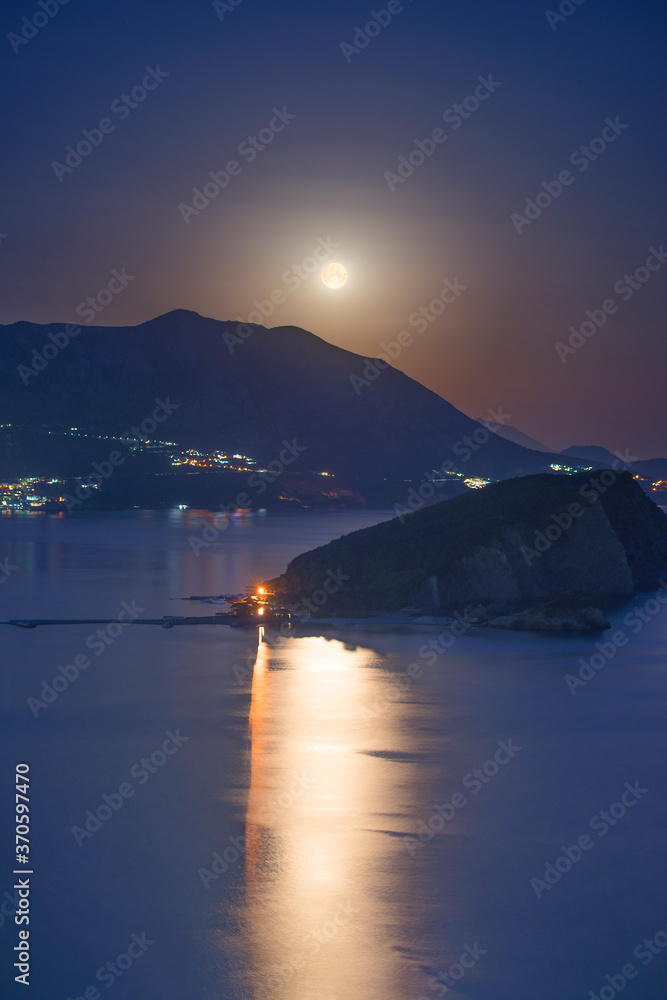 Full moon rise above Budva Riviera, Saint Nicholas island and Adriatic ...