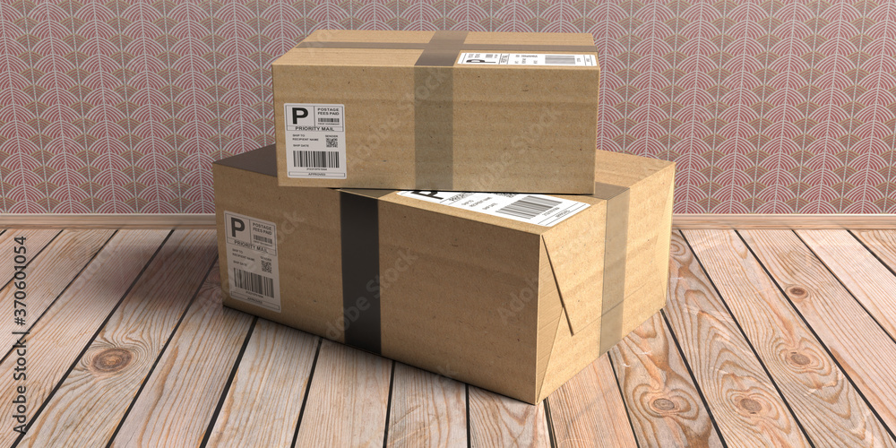 Parcels with label sticker closed and sealed on wooden floor background ...