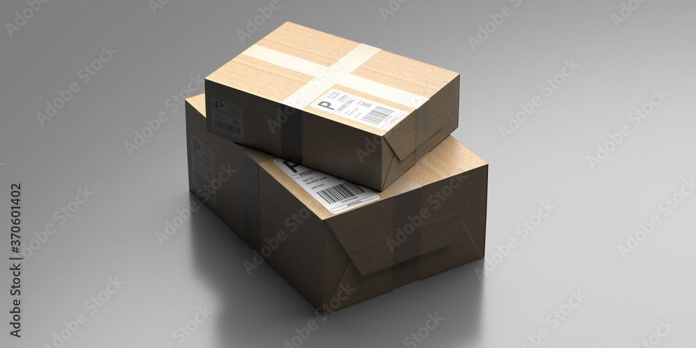 Parcels with label sticker closed and sealed isolated on grey ...