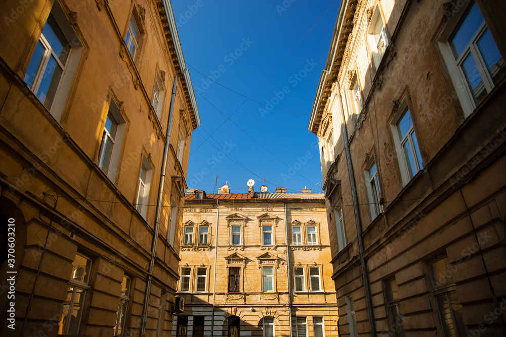 Europe old city street narrow path way between medieval buildings ...
