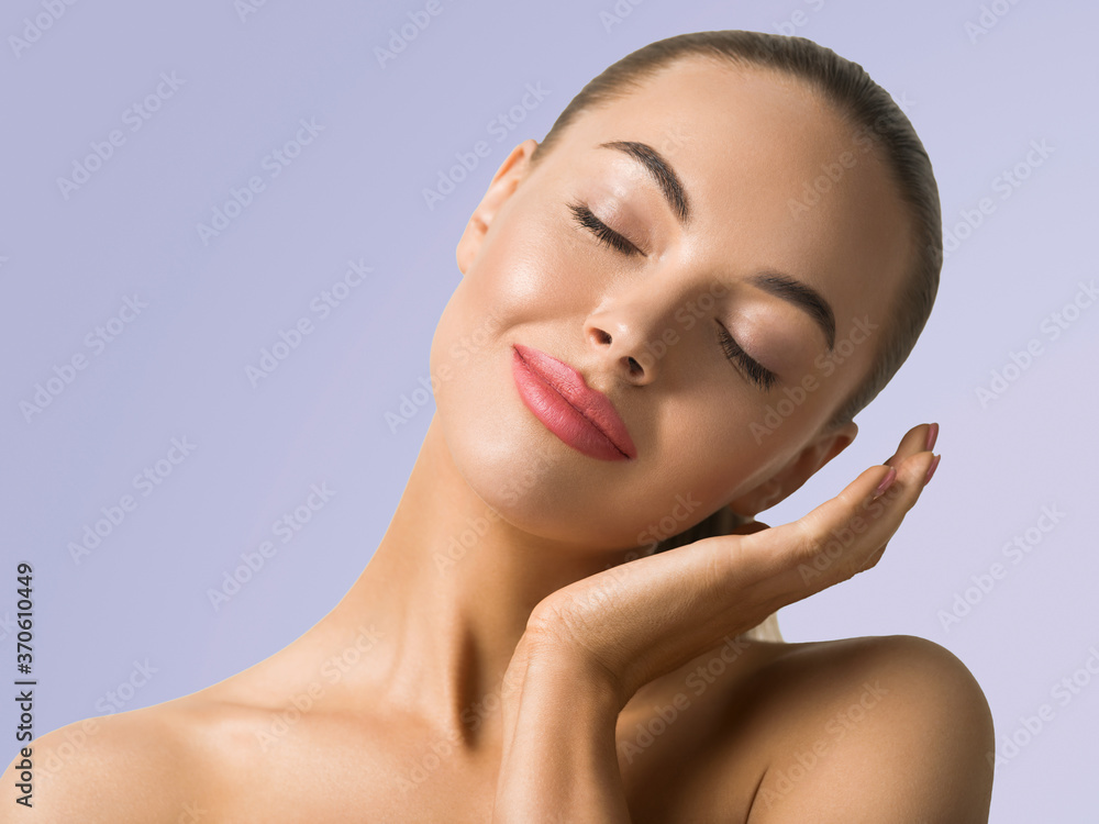 Clean skin woman face close up skin beauty tanned face beautiful smile ...