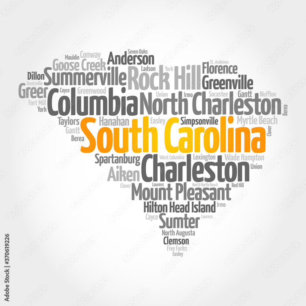 List of cities in South Carolina USA state, map silhouette word cloud ...