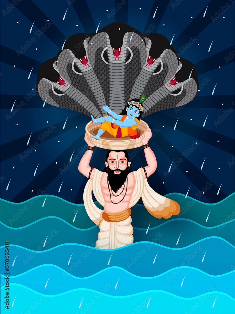 Paper cut Illustration of happy janmashtami festival of india. Vasudev ...