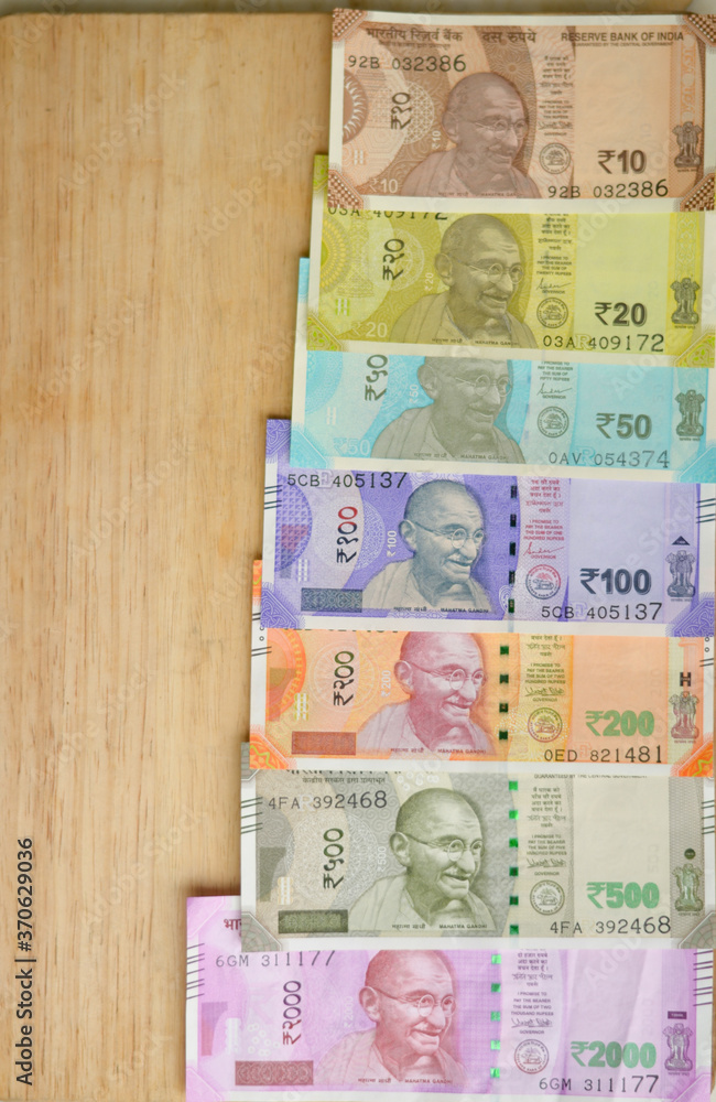 Closeup of brand new colorful Indian currency bank notes of 10, 20 ...
