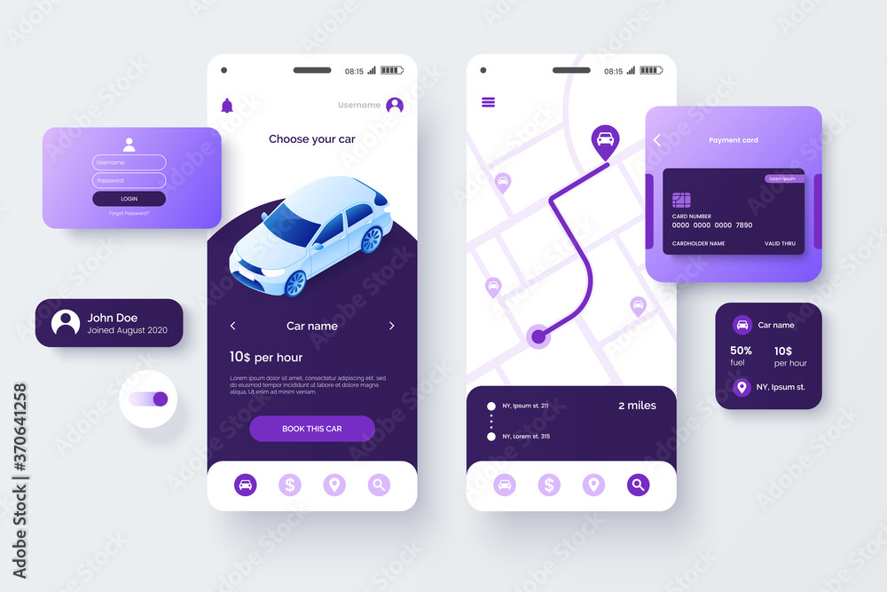 Car share service mobile application template. UI, UX, GUI design ...