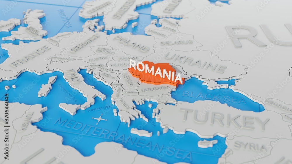 Romania highlighted on a white simplified 3D world map. Digital 3D ...