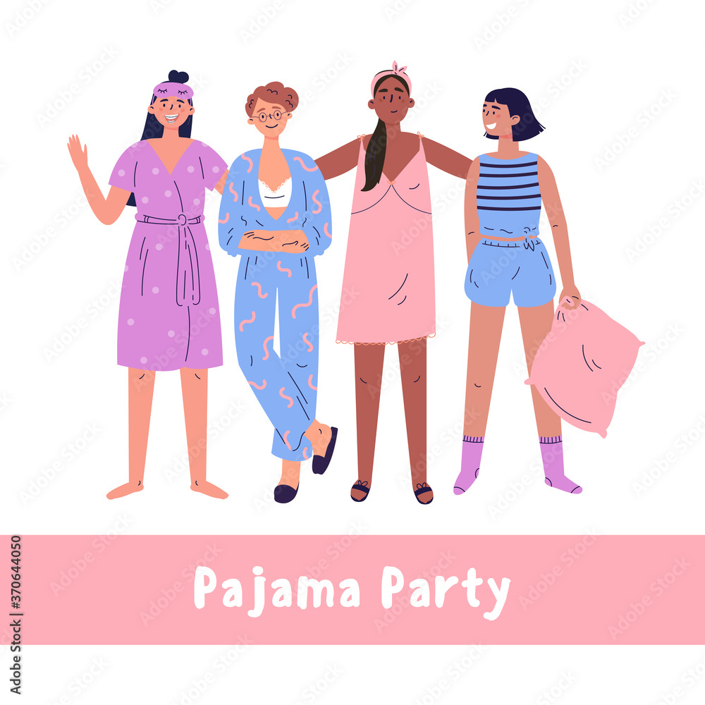 Pajama party vector cartoon illustration.Teenagers have fun together ...