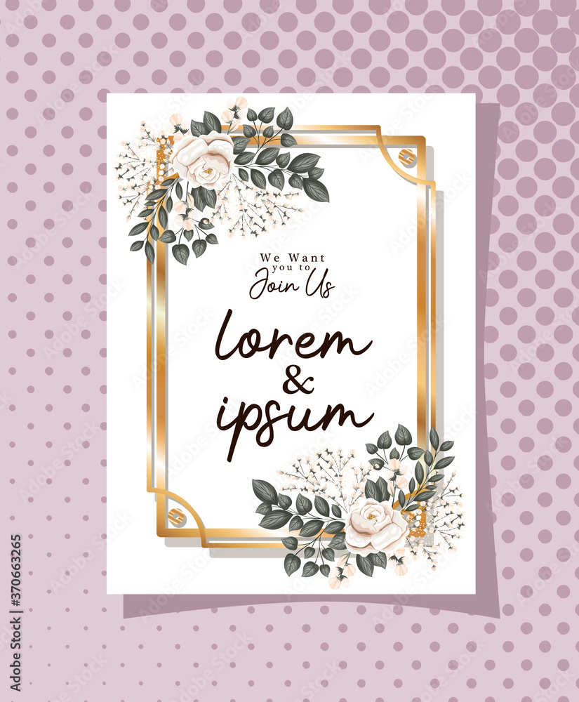 we want you to join us text in gold frame with flowers and leaves ...