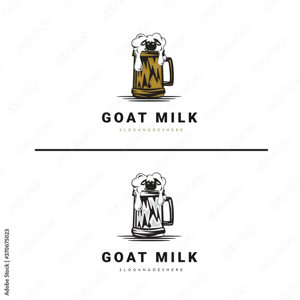 Vetor de Creative goat and milk logo design vector cartoon illustration ...
