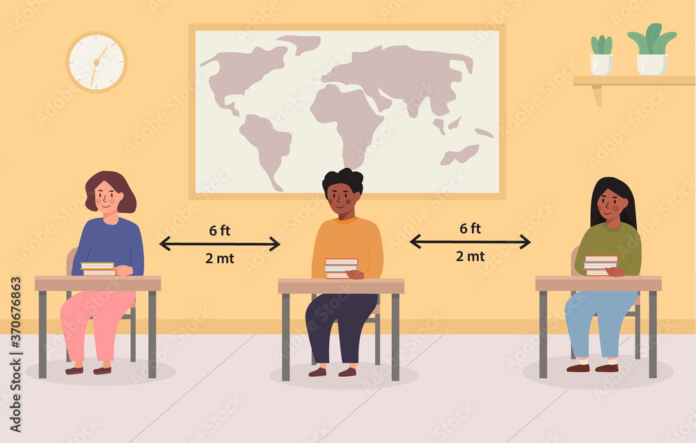 Vetor de Social distancing at school concept illustration. Mix race ...