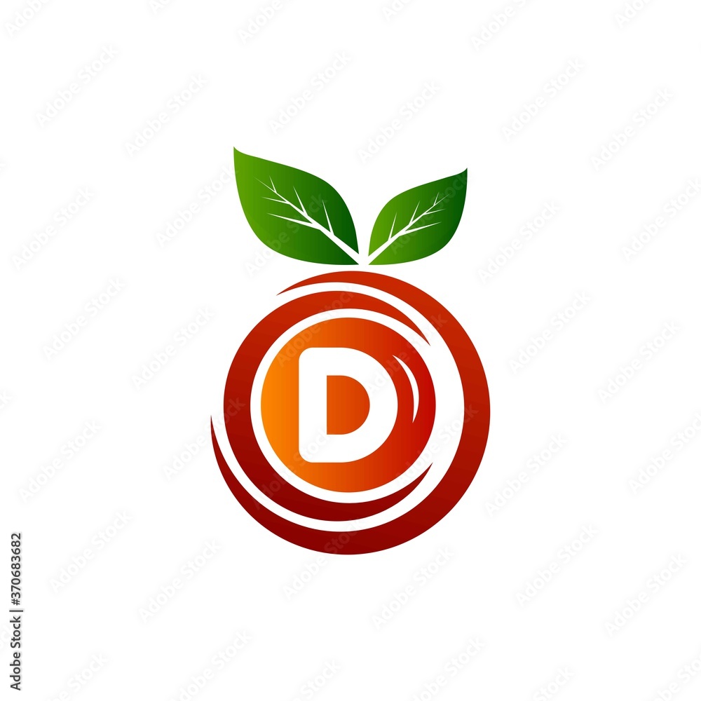 D letter fruit logo with green leaf and gradient.D Letter Orange logo ...