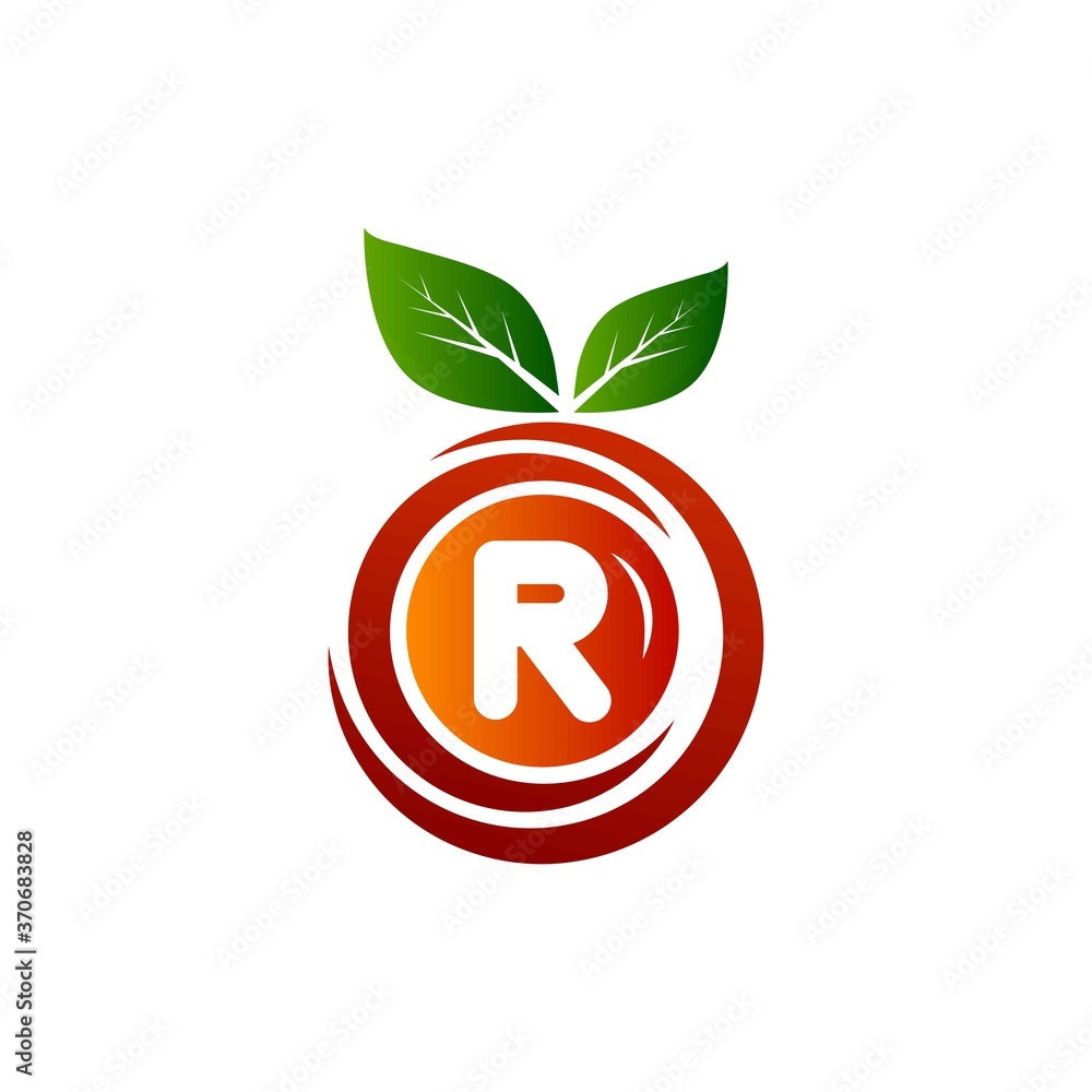 R letter fruit logo with green leaf and gradient.R Letter Orange logo ...