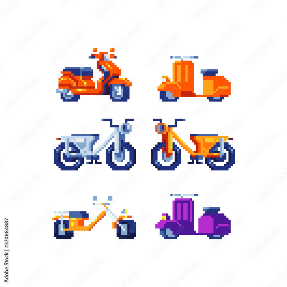 Vehicles motor bicycle. Motorcycle pixel art icon set. Video game ...