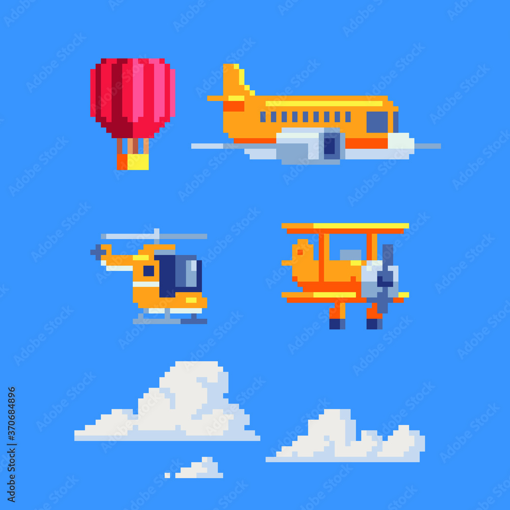 Vehicles aircraft. Air transport. Pixel art style icons. Airplane ...