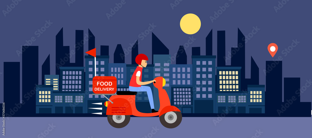 Online food delivery service vector illustration. Delivery boy riding ...