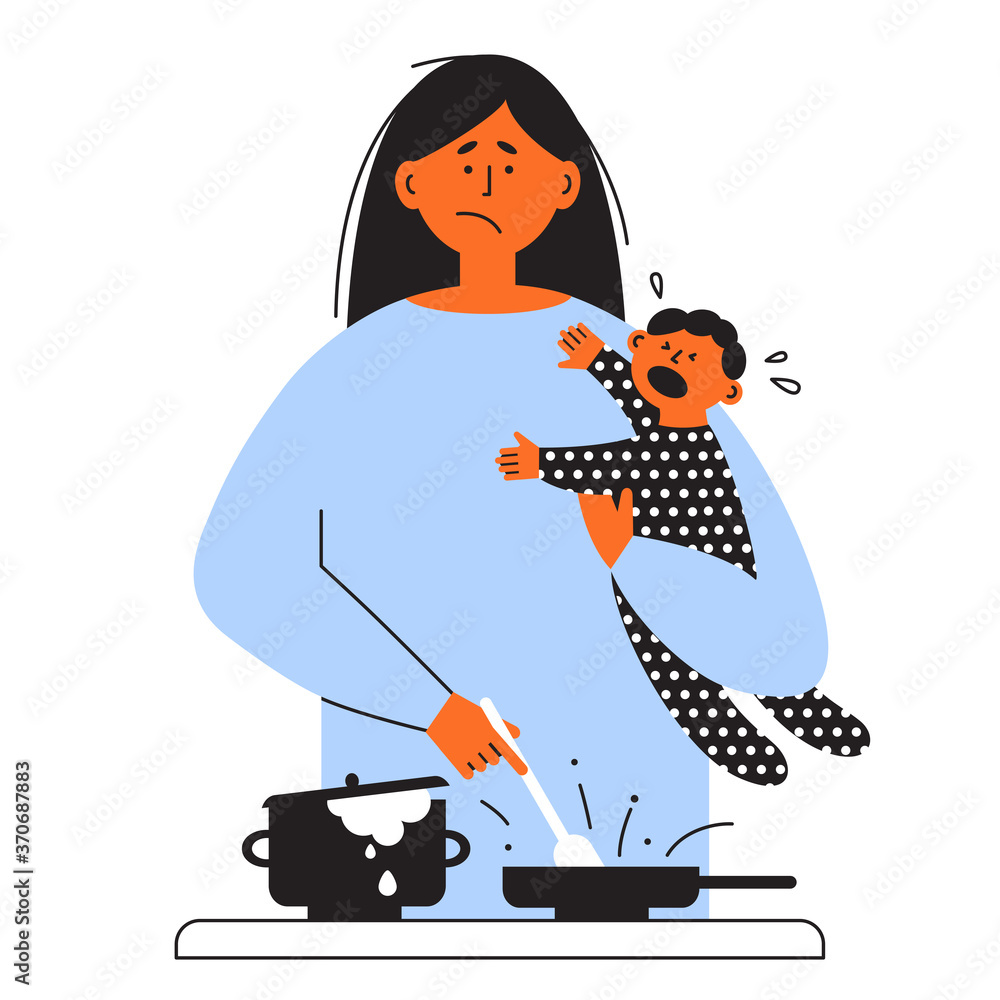Frustrated parent concept. Exhausted mom holding crying kid and cooking ...