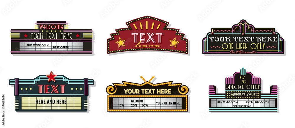 Retro Cinema Theater Signboards Templates 1920s Style Neon Signboards ...