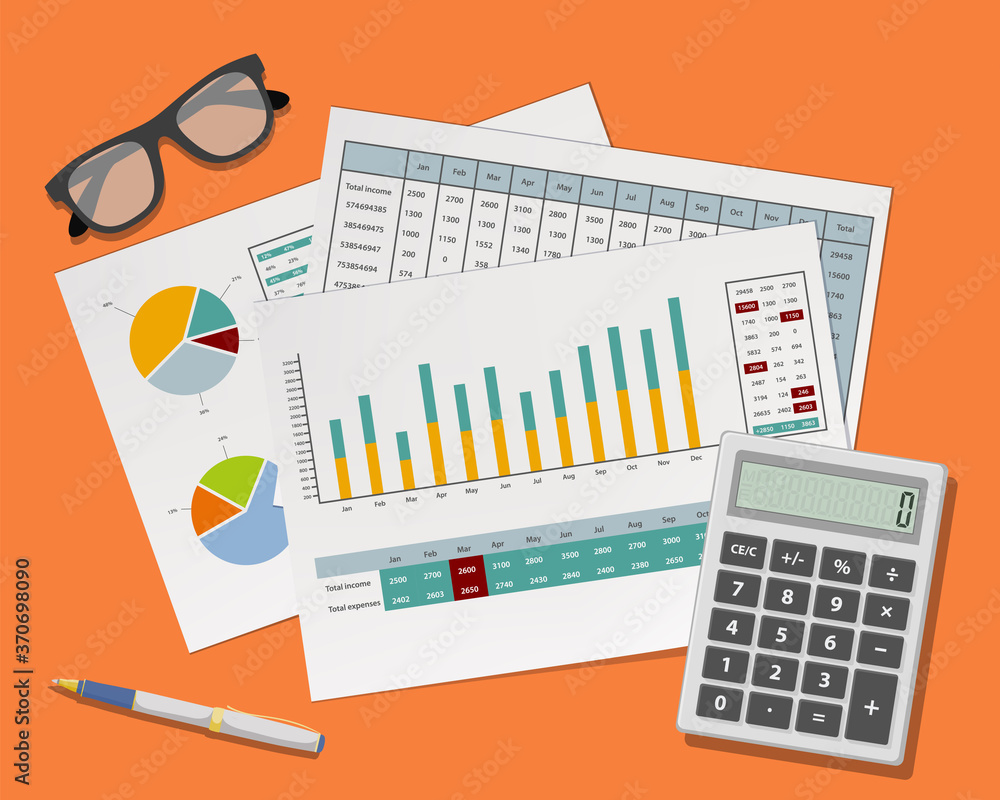 Accounting paper documents with financial charts and graphs Stock ...