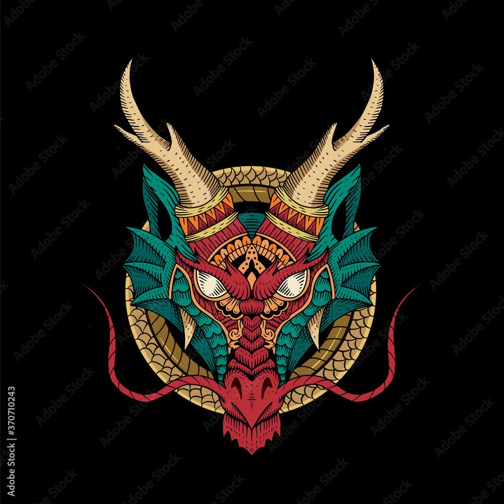 Dragons head engraving. Traditional concept. Ancient China and Japan ...