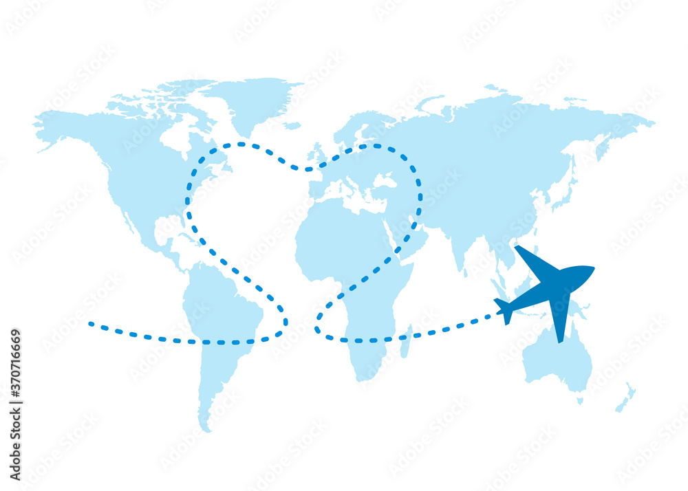 World Map And Plane Flight Airplane Flying And Leave Dashed Trace Line