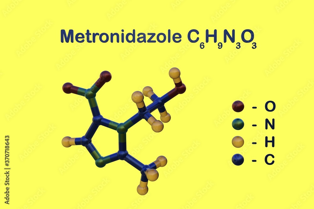 Structural chemical formula and molecular model of metronidazole, an antibiotic and ...
