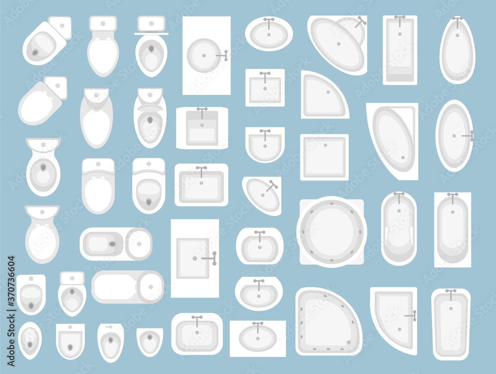 Bathroom furniture. Top view. Architectural collection. Baths, shells ...