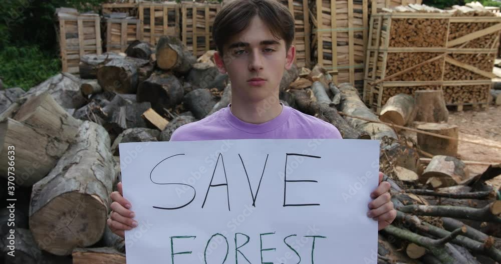 Vidéo Stock Ecology concept - save forest poster. Portrait activist ...