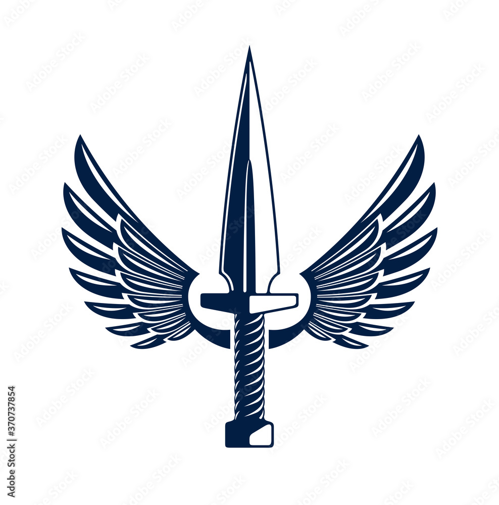 Dagger with wings vector logo or emblem isolated on white, winged knife ...