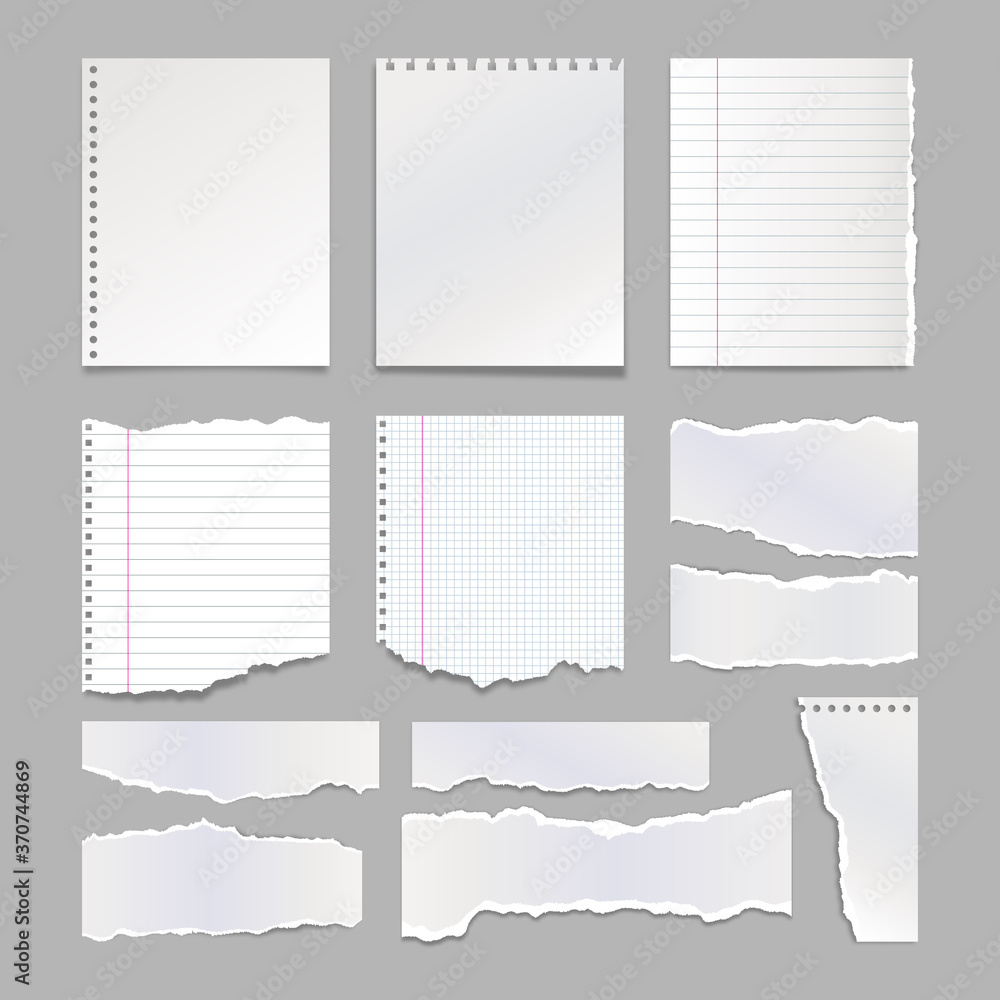 Different blank torn notebook pages with shadow. Pieces of ripped paper ...