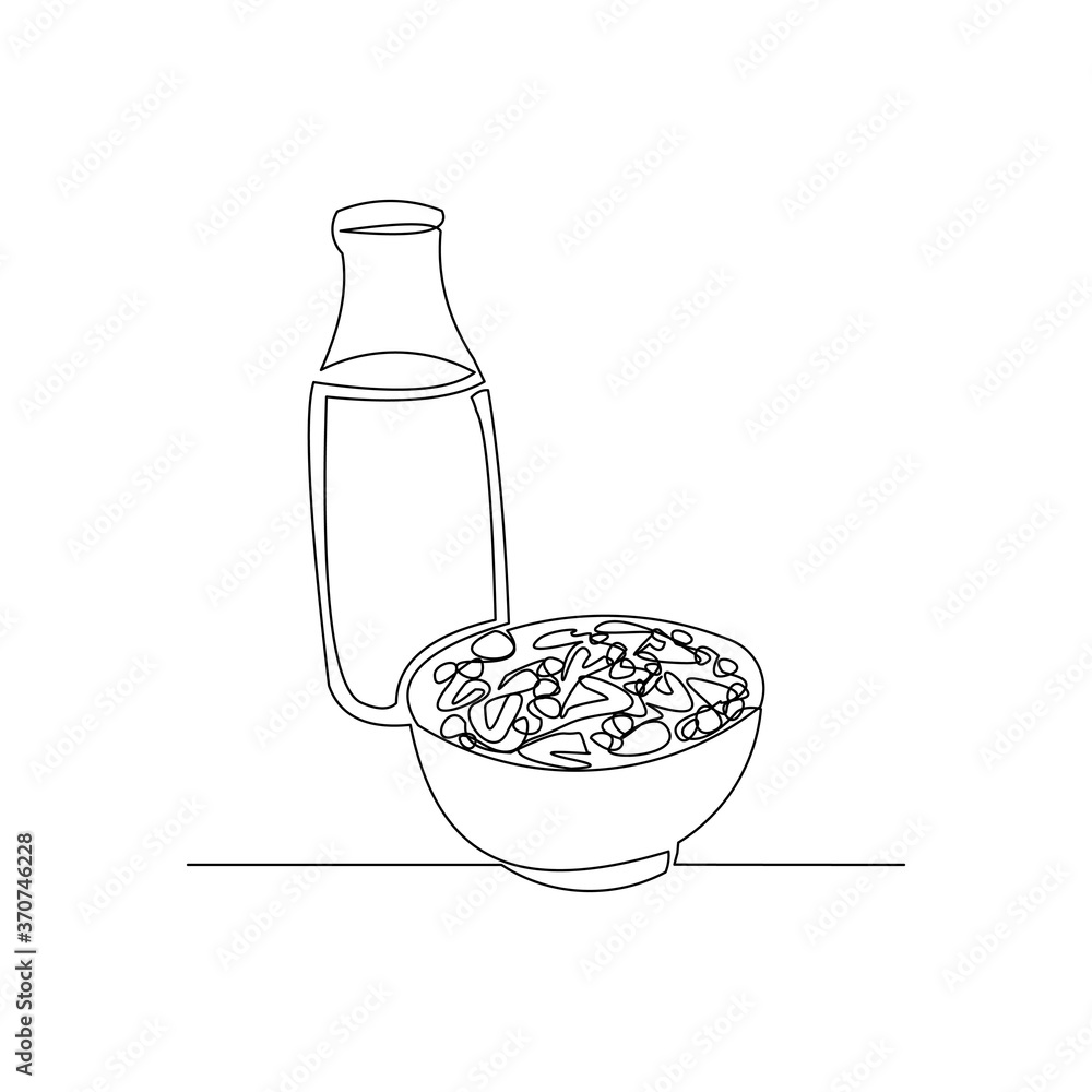 Continuous line drawing of a bowl of cereal breakfast and bottle of ...