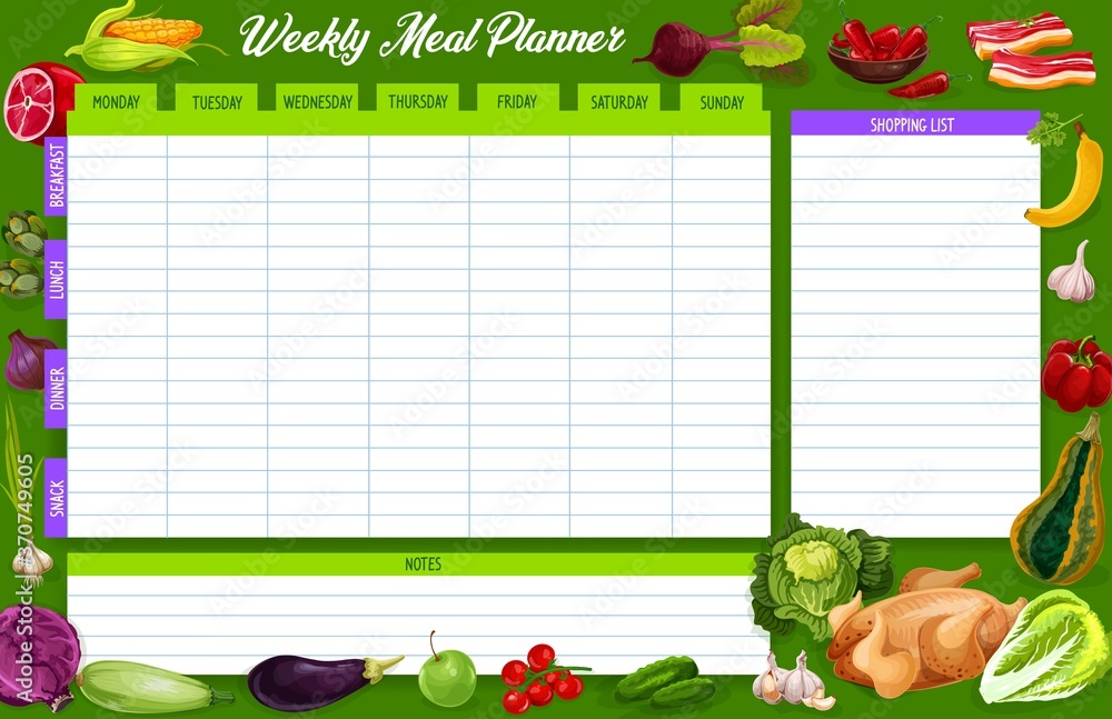 Weekly meal planner, vector food week plan with vegetable, fruit and ...