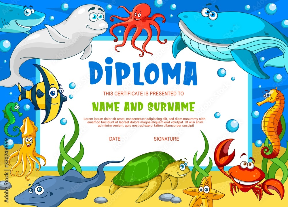 Vetor de Kids diploma with underwater animals. Kindergarten vector ...