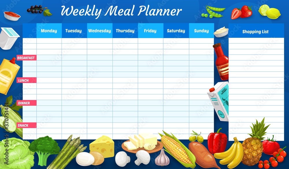 Weekly meal planner, vector timetable, week food plan organizer with ...