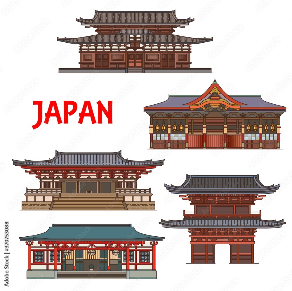 Japanese temples, shrines, Japan pagoda houses, vector traditional ...