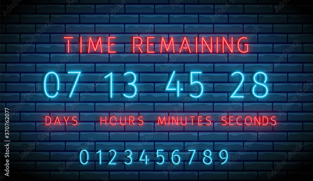 Neon clock counter. Countdown timer. Vector. Time remaining board ...