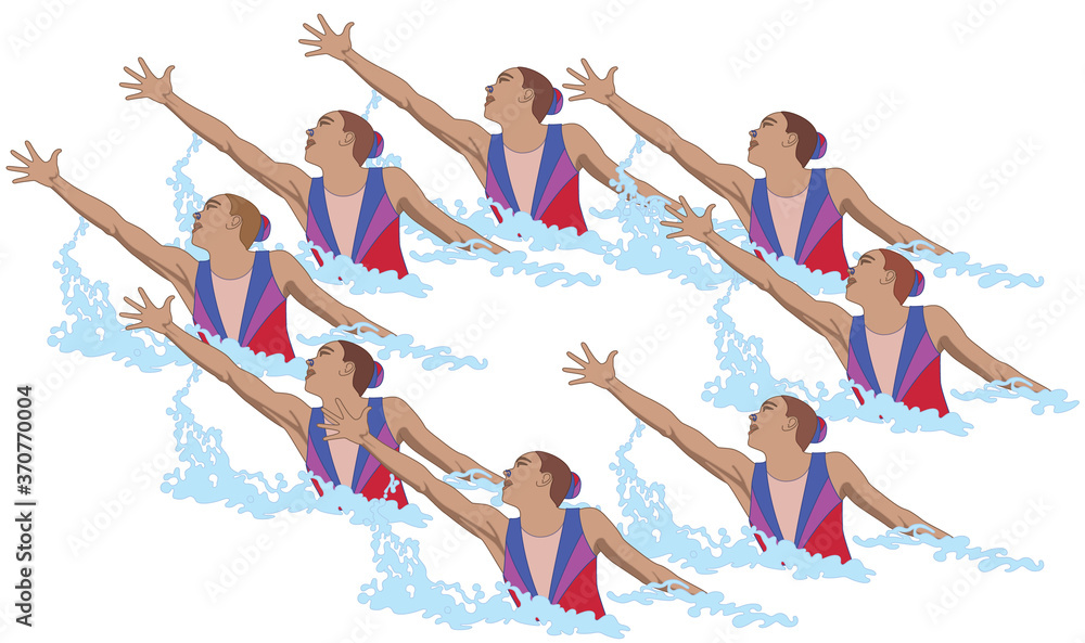 synchronized swimmers, group of eight in pose splashing out of water ...