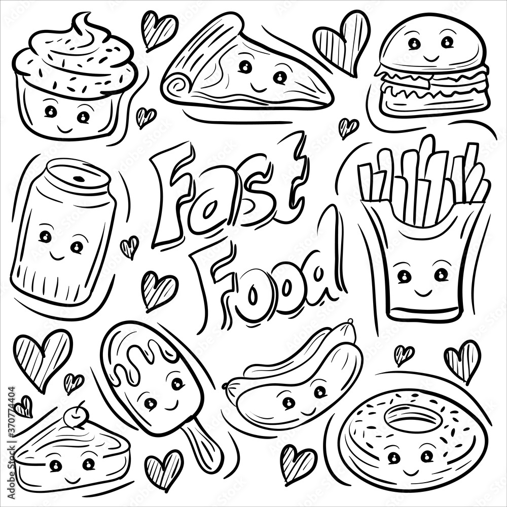 Cute kawaii fast food Vector illustration Set. Cartoon fast food faces ...