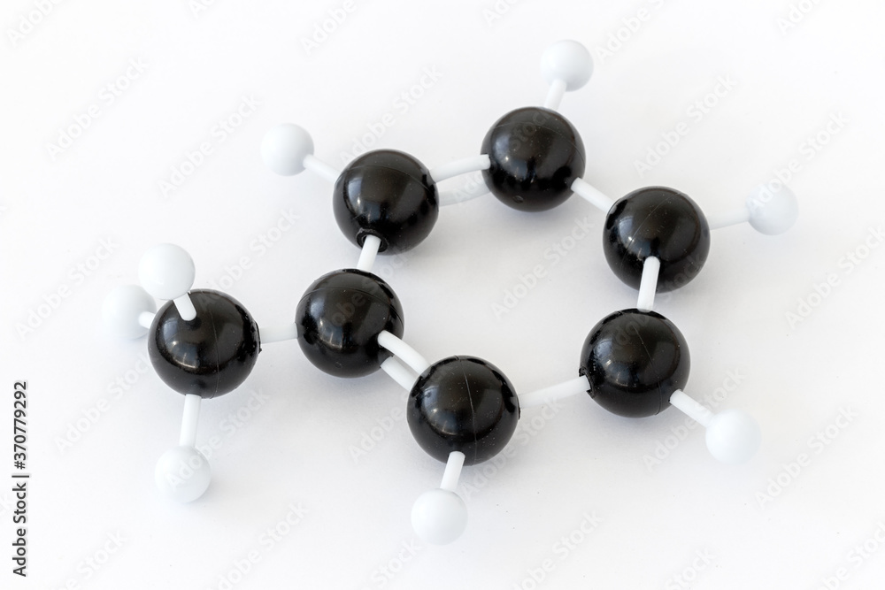 Plastic ball-and-stick model of a toluene or methylbenzene molecule ...